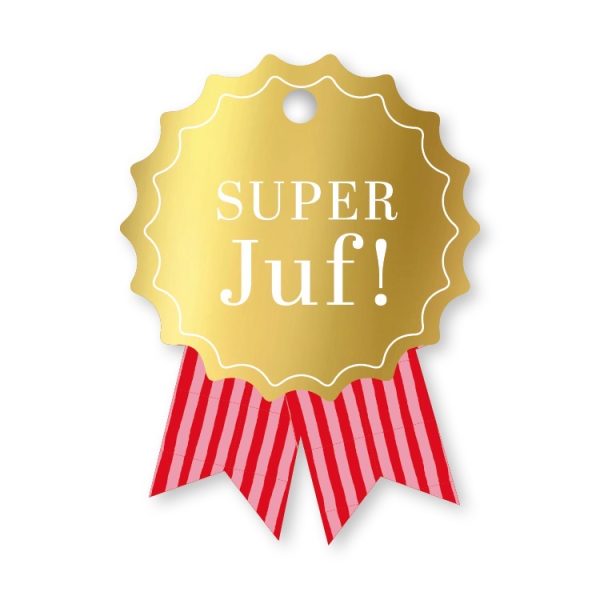 Medaille , kaartje / kadolabel 48mmx65mm `Super juf` goud roze rood ...
