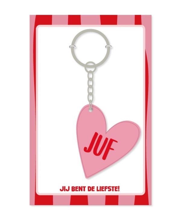 KP Sleutelhanger hartje 80mm x 25mm `Juf` roze met rood - ViaSuuS